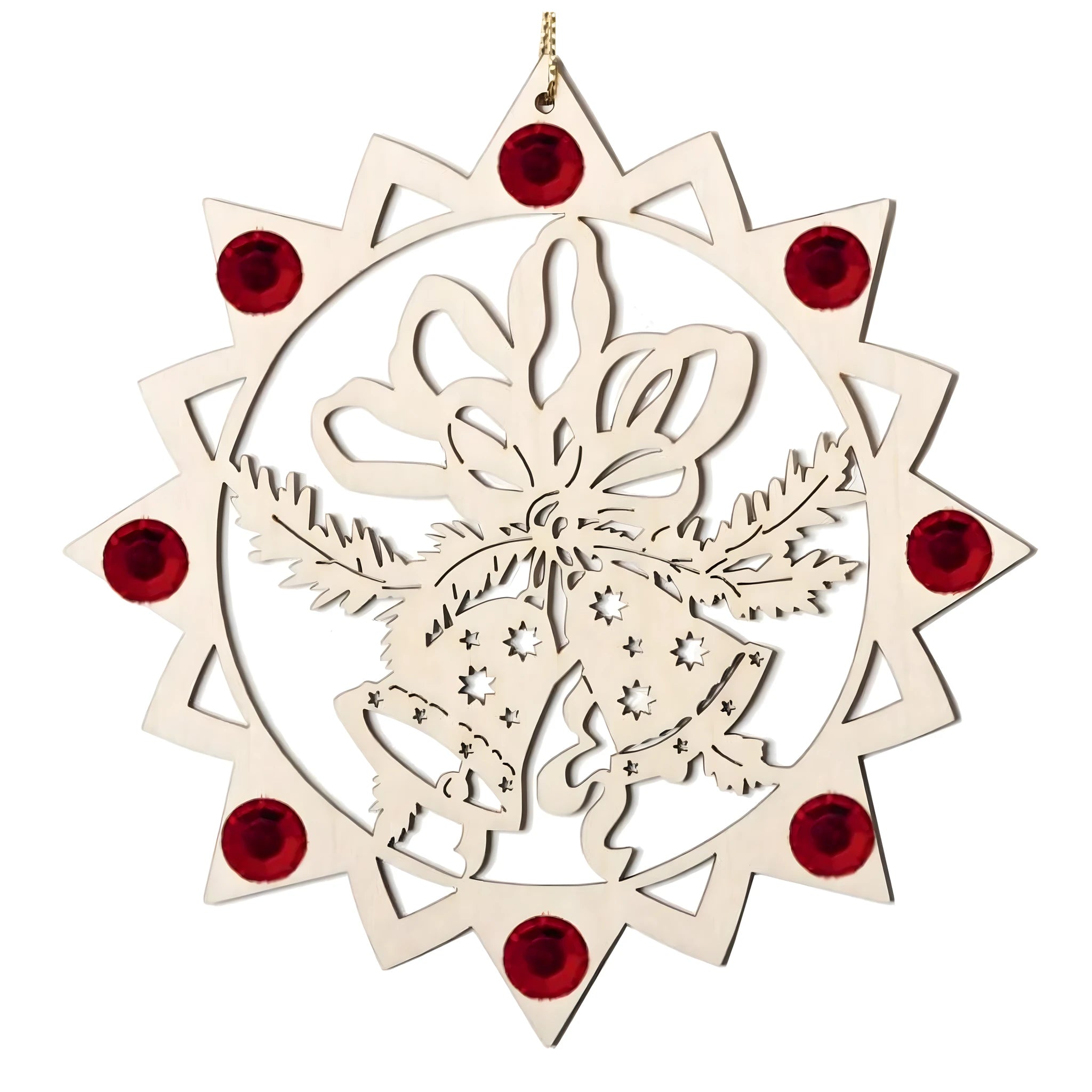 Elegant Maple Wood Poinsettia with Bells and Red Gems – Dolfi
