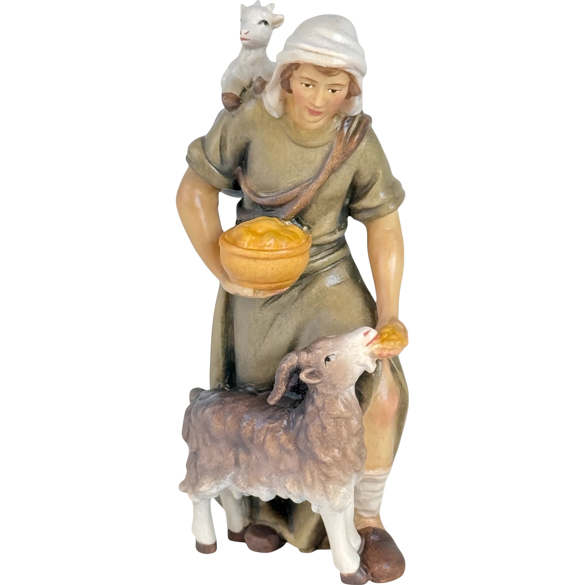 Nativity Shepherd with Goat Figurine - Hand-Painted Wooden Sculpture ...